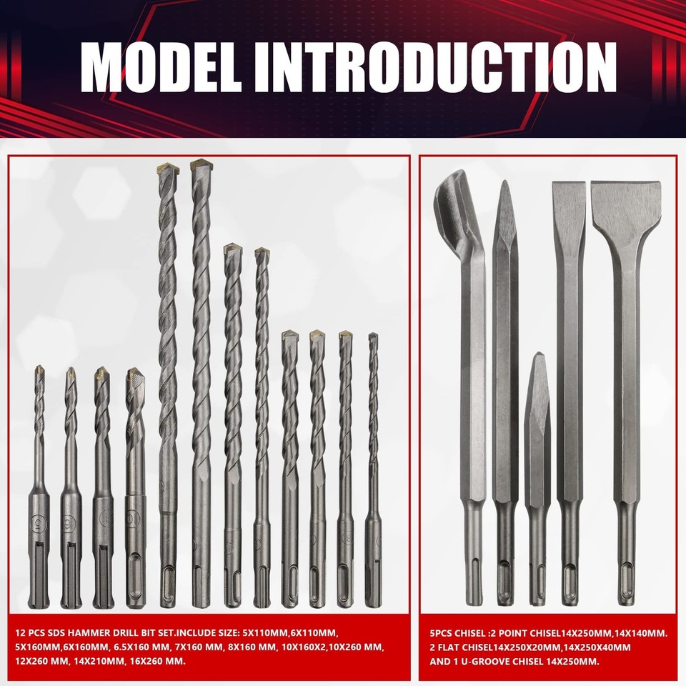 17PCS Rotary Hammer & Chisels Masonry Drill Bit Set, SDS Plus Drill ...