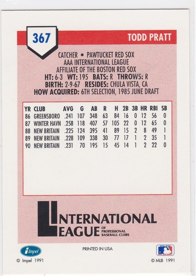 1991 Line Drive AAA #367 Todd Pratt Red Sox Signed Auto IP Free ...