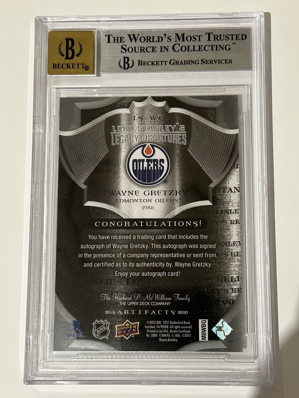 Wayne Gretzky 2015-16 UD Artifacts Lord Stanley's Legacy Signatures BGS ...
