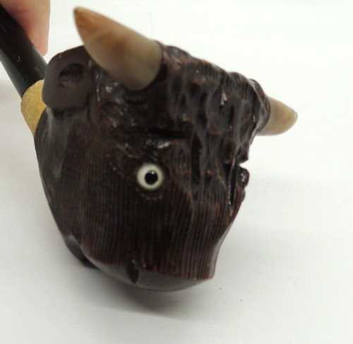 Carved Bull Head with Horns Smoking Pipe Long Stem Detailed Vintage | eBay