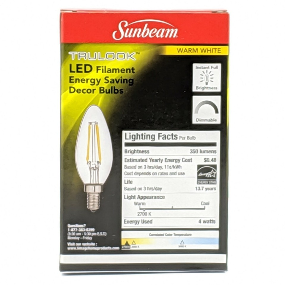 2 Pack Sunbeam Trulook LED Filament Energy Saving Decor Bulbs Warm ...