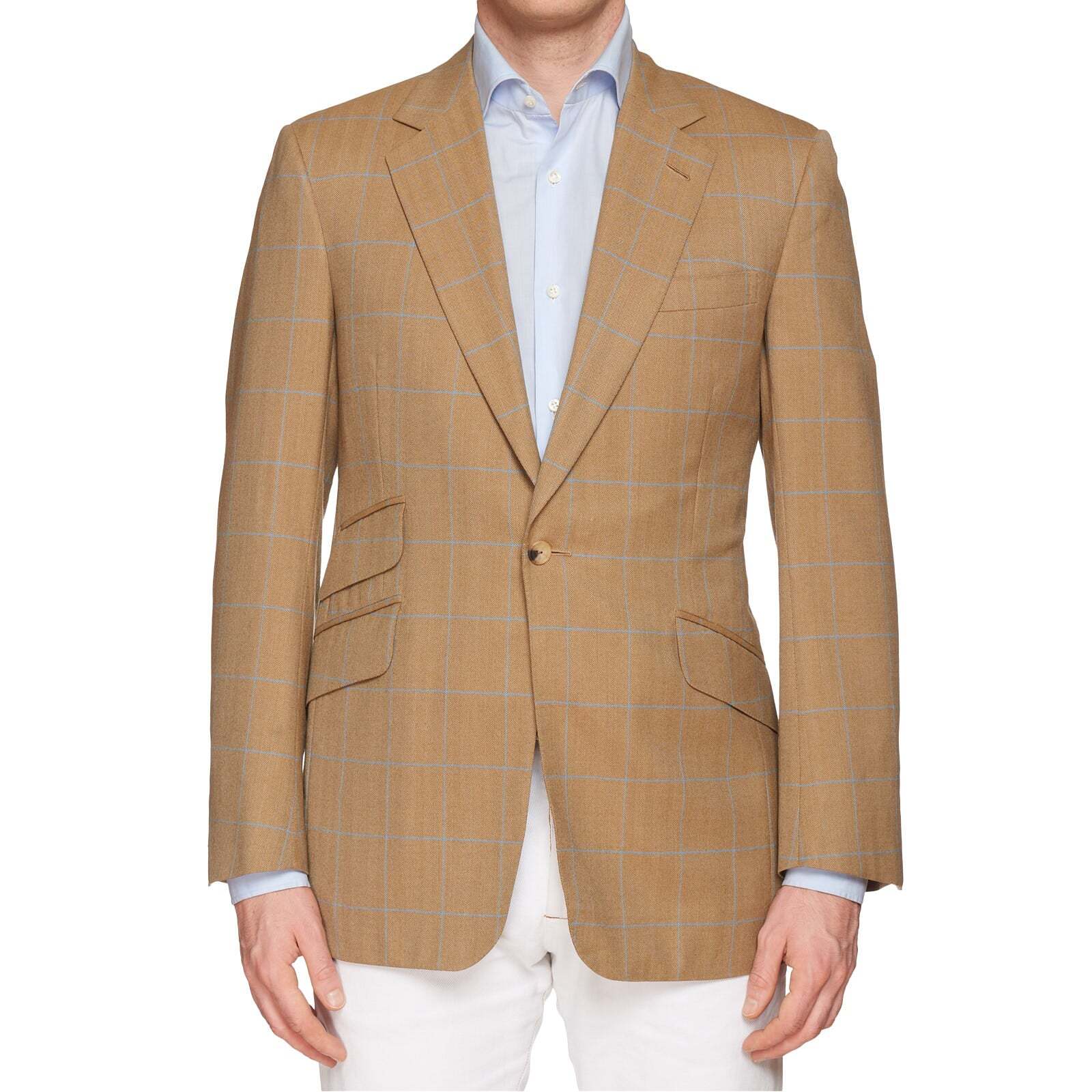 HUNTSMAN Savile Row Bespoke Tan Herringbone Plaid Wool 1 Button Jacket ...
