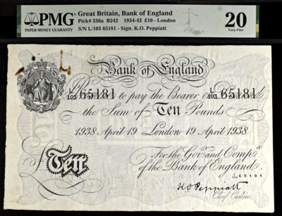 £10 Peppiatt Large White Bank England Note PMG 20 1938 336a B242 Ten ...