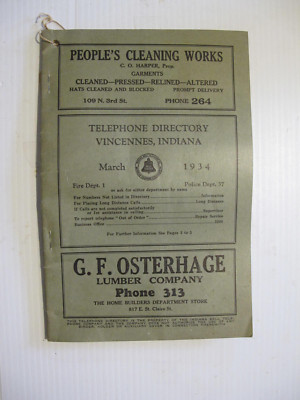 ORIGINAL MARCH 1934 TELEPHONE BOOK: VINCENNES, INDIANA | eBay