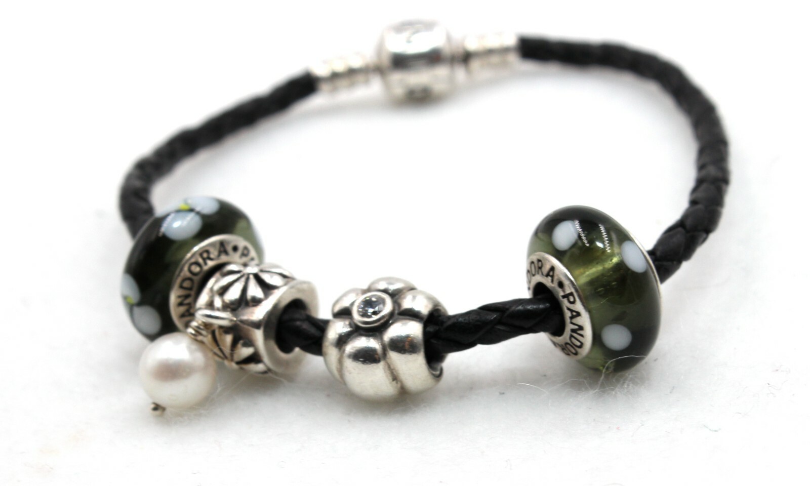 Pandora Charm Bracelet Black Leather Cord Murano Glass Pearl & Sterling ...