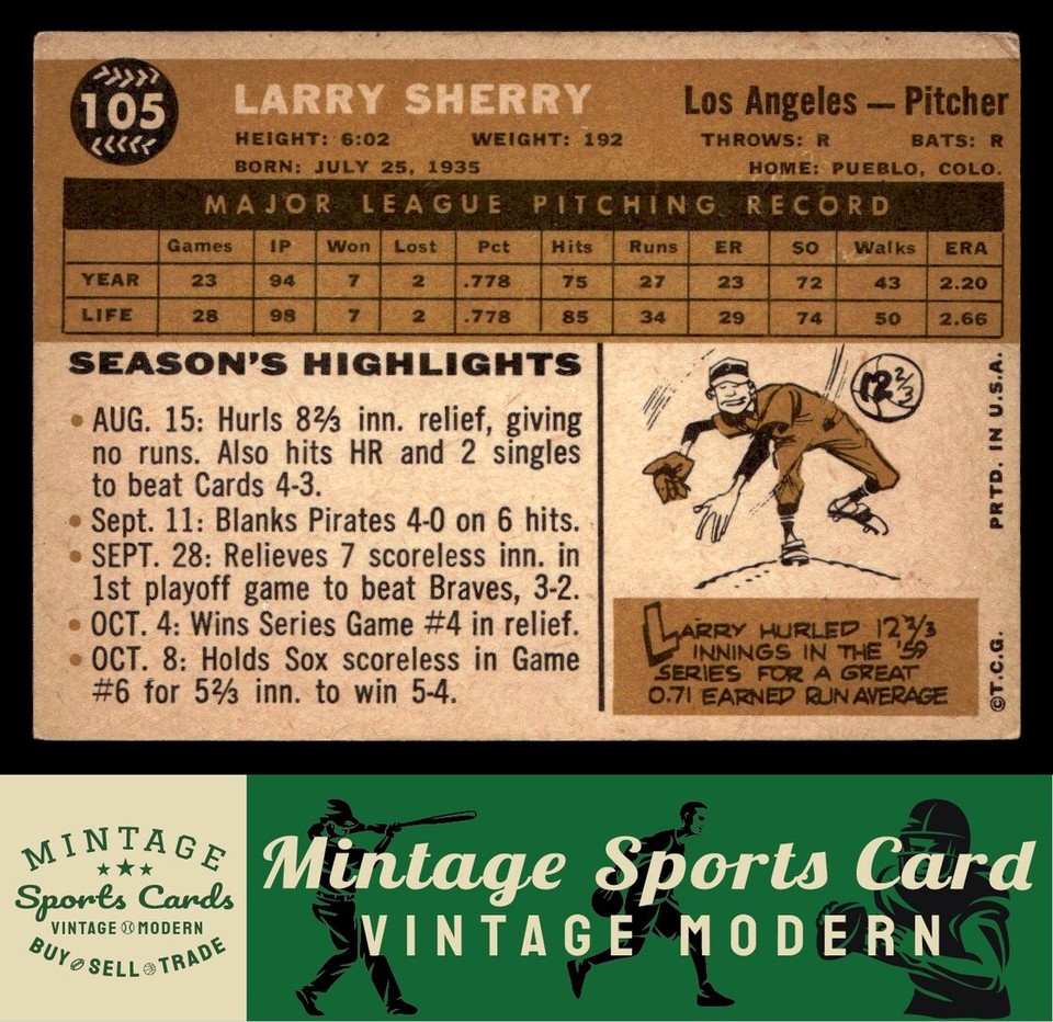 1960 Topps - Larry Sherry - Rookie RC #105 Los Angeles Dodgers | eBay