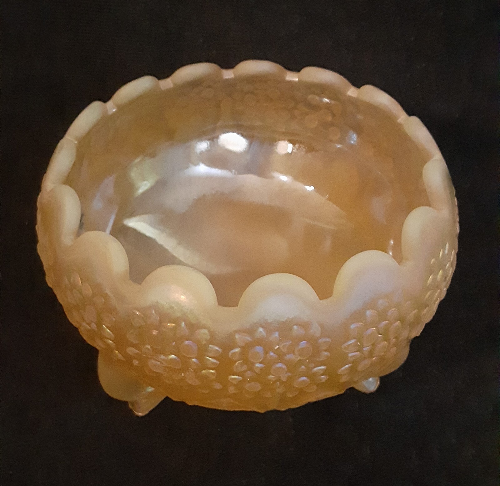 Vintage Fenton Yellow Carnival Glass Orange Tree Blossom Three Footed ...