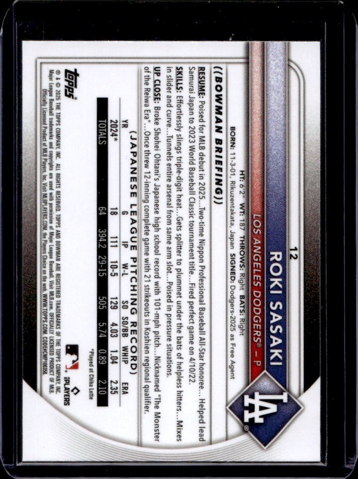 2025 Bowman Roki Sasaki RC Chrome Red Rookie Redemption Rookie #12 ...