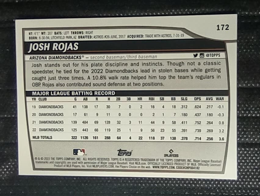 2023 Topps Big League Baseball #172 Josh Rojas - Arizona Diamondbacks ...