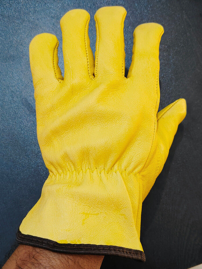 NEW LEATHER WORK GLOVES DRIVER YELLOW FLEECE LINED LORRY TRUCK DRIVING ...