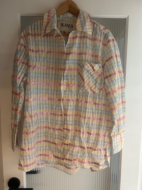 BLANCA Oversized Stripe Satin Polyester button-up Shirt Top. Size XS/S ...