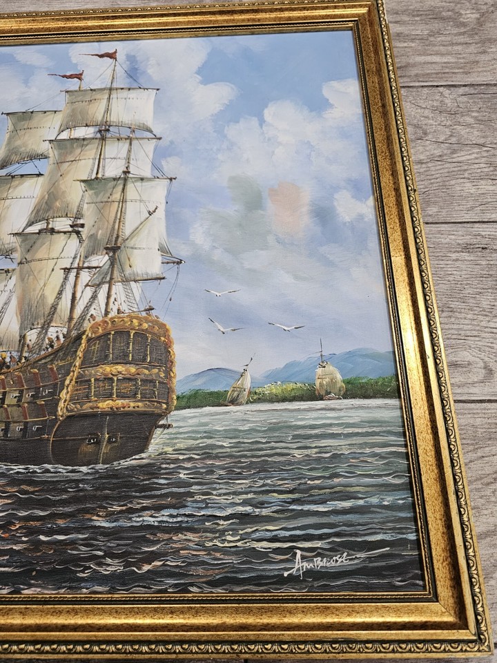 Original Ambrose Painting Detailed Sailing Ship Framed Signed Nautical ...