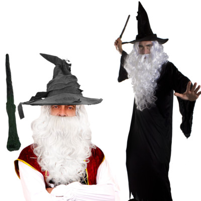 WIZARD CLOAK WITH WHITE WIG AND BEARD SET COSTUME MAGICAL FILM PROF ...