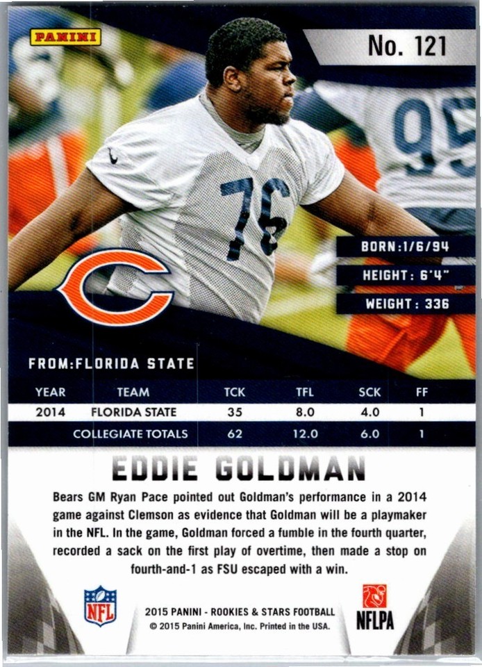 2015 Rookies and Stars Chicago Bears Football Card #121 Eddie Goldman ...
