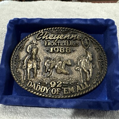 New Brass Cheyenne Frontier Days 88 Rodeo Cowboy Steer Wrestling Buckle ...