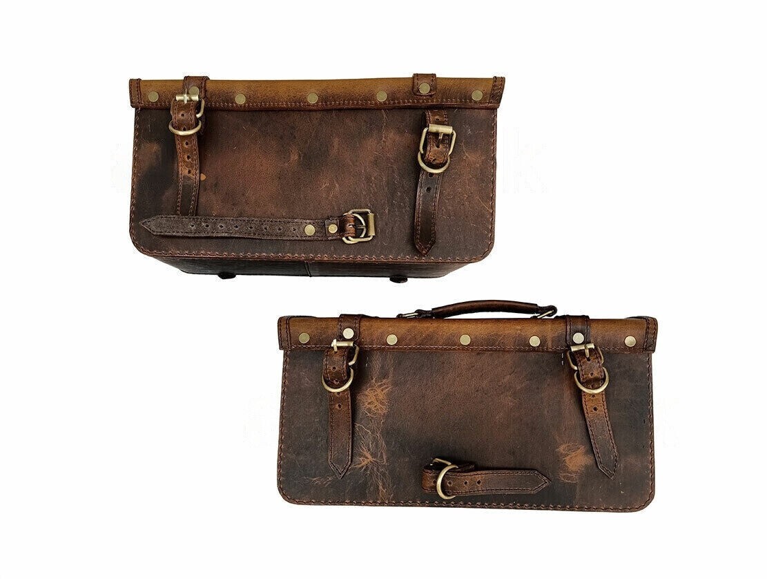 For Royal Enfield Himalayan Pannier Rails & Leather Bags Pair Brown ...