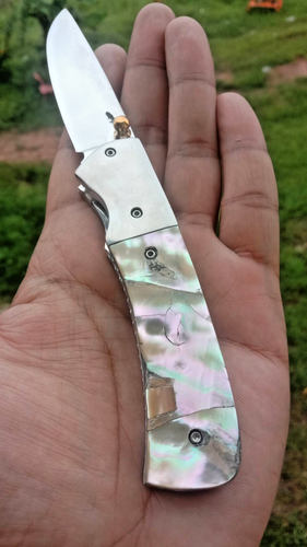 CUSTOM FOLDING KNIFE 4034 STEEL Handmade Stainless Abalone Pearl ART ...
