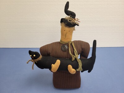Vintage Fabric Halloween Witch with Long Cat Door Stop Shelf Sitter ...