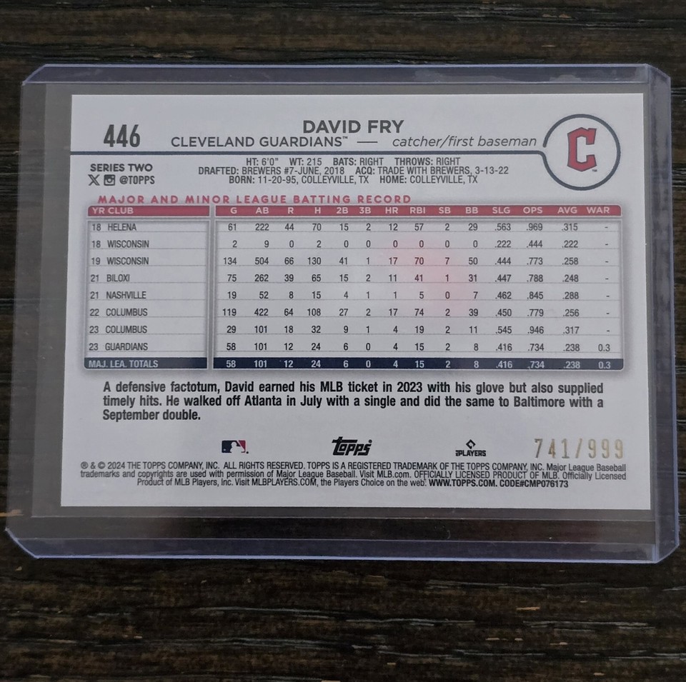 David Fry Autograph/Signed 2024 Topps Series 2 Cleveland Guardians Blue ...