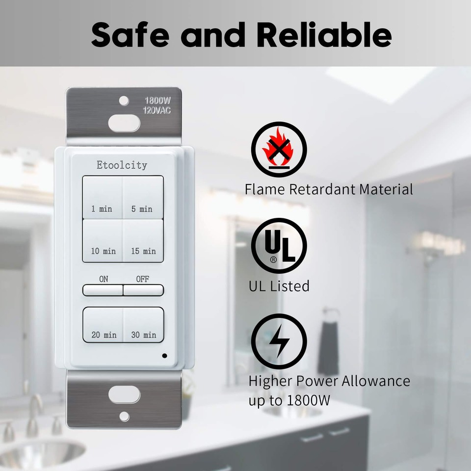 Countdown Timer Switch Bathroom Fan Timer 1-5-10-15-20-30 Min Preset in ...