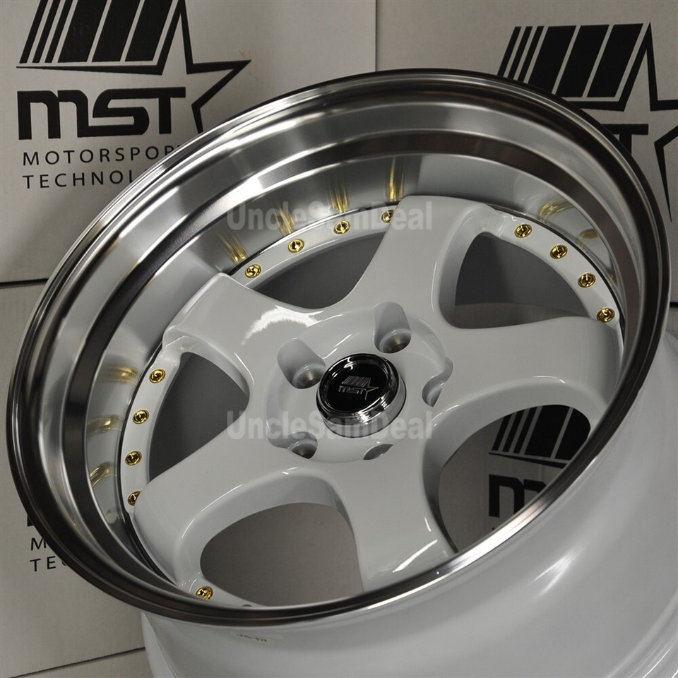17x9 5x114.3 +20 MST MT07 GLOSS WHITE 5 SPOKES MACHINE LIP GOLD RIVET ...