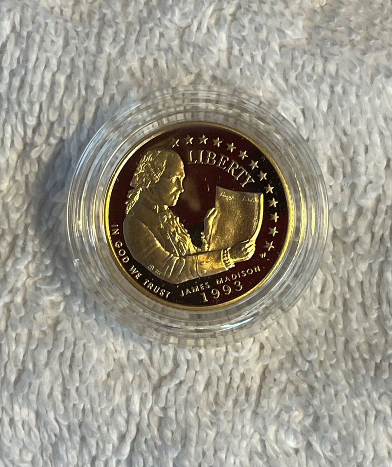 1993 W James Madison Bill Of Rights Commemorative Proof $5 Gold Coin W ...