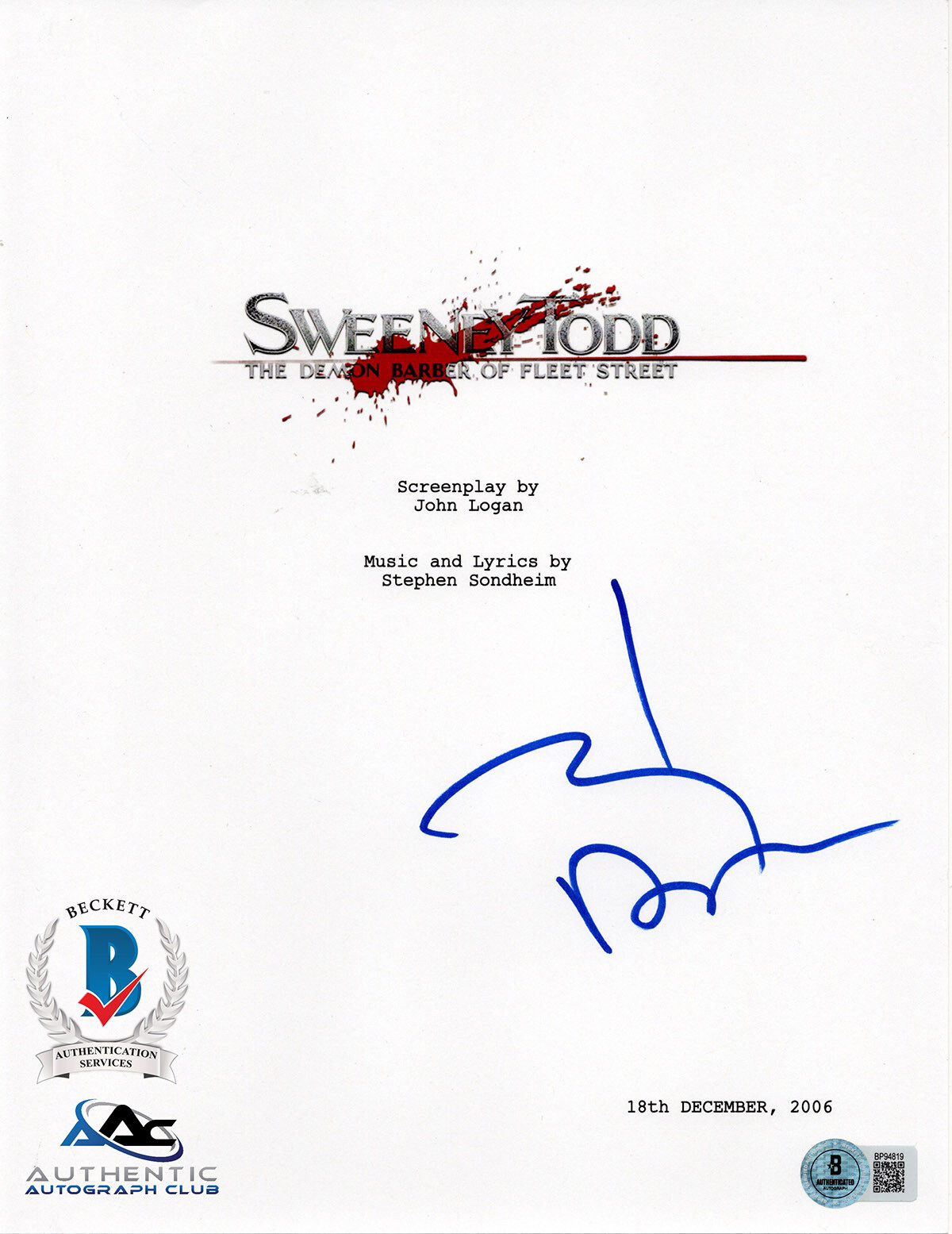 JOHNNY DEPP AUTOGRAPH SIGNED SWEENEY TODD SCRIPT SCREENPLAY BECKETT BAS ...
