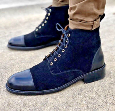 Handmade High Ankle Leather Boots Men's Blue Suede Leather Cap Toe ...