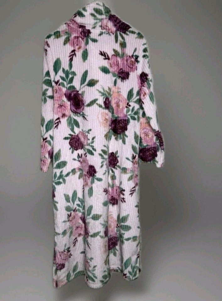Stan Herman Pink Floral Plush Fleece Maxi Robe Full Zip Lounger ...