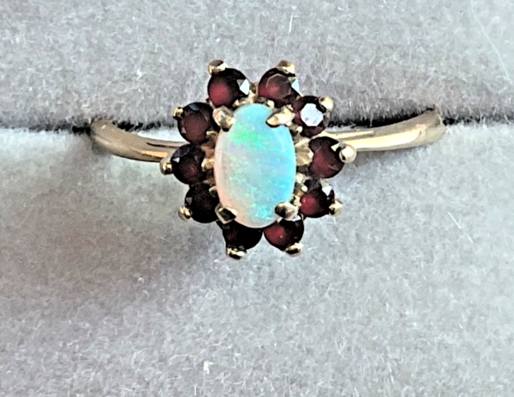 10K Yellow Gold Opal & Garnet Ring Oval White Opal with Red Garnet Halo ...