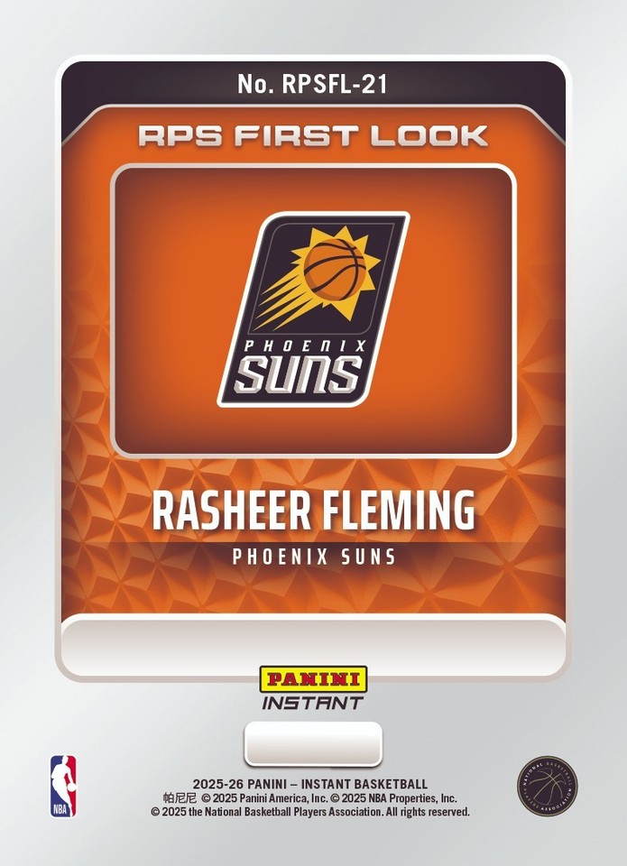 Rasheer Fleming 2025 Panini Instant NBA RPS First Look #21 Suns RC ...
