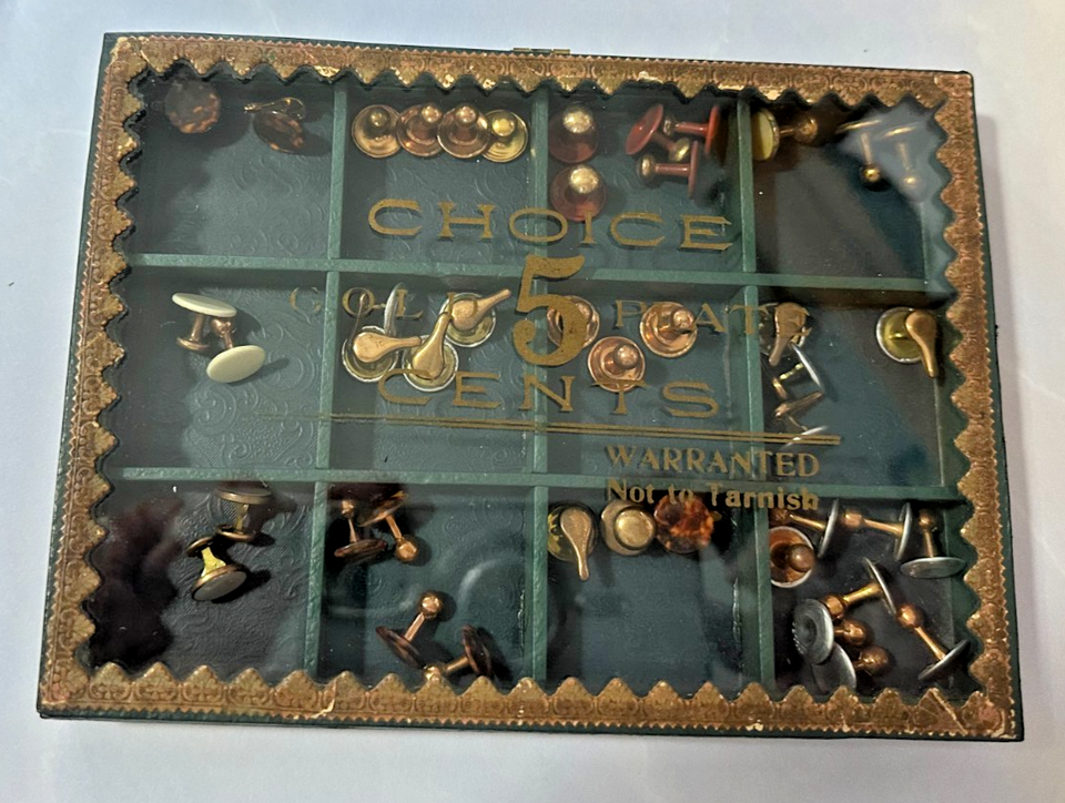 CHOICE GOLD PLATE COLLAR STUD GENERAL STORE DISPLAY CASE 5 cents ...