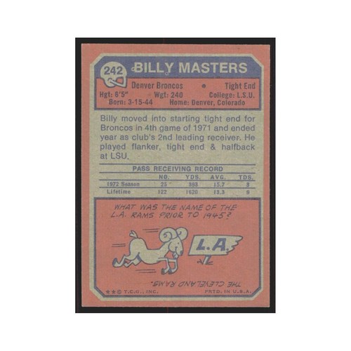 1973 Topps Billy Masters RC Broncos #242 | eBay