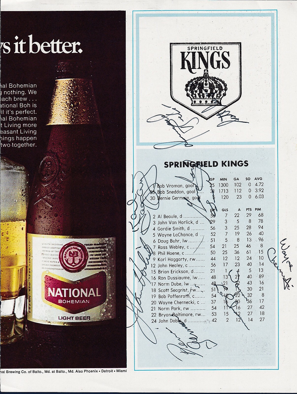 Springfield Kings 1972-73 AHL hockey program lineup page signed by 8 | eBay