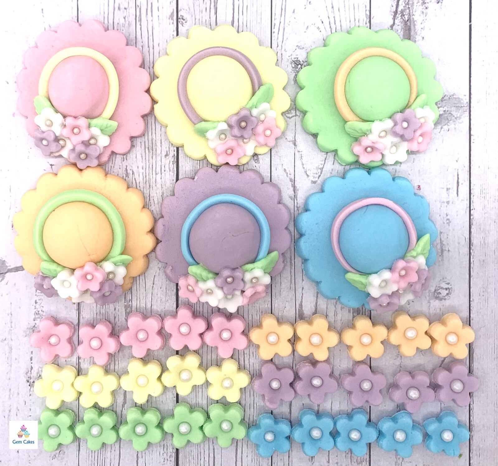 6 Edible Easter Bonnets & 30 Pastel Flowers Fondant Cupcake Decorations ...