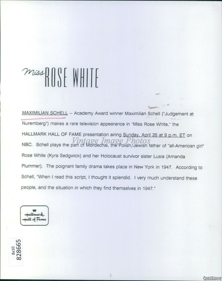 Maxmilian Schell Miss Rose White Hallmark Hall Of Fame Actor 8X10 ...