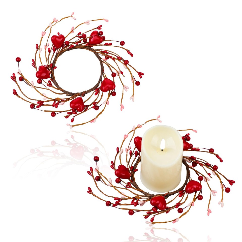 2 Pcs Valentine Day Candle Rings Heart and Red Berry Vintage Wood ...