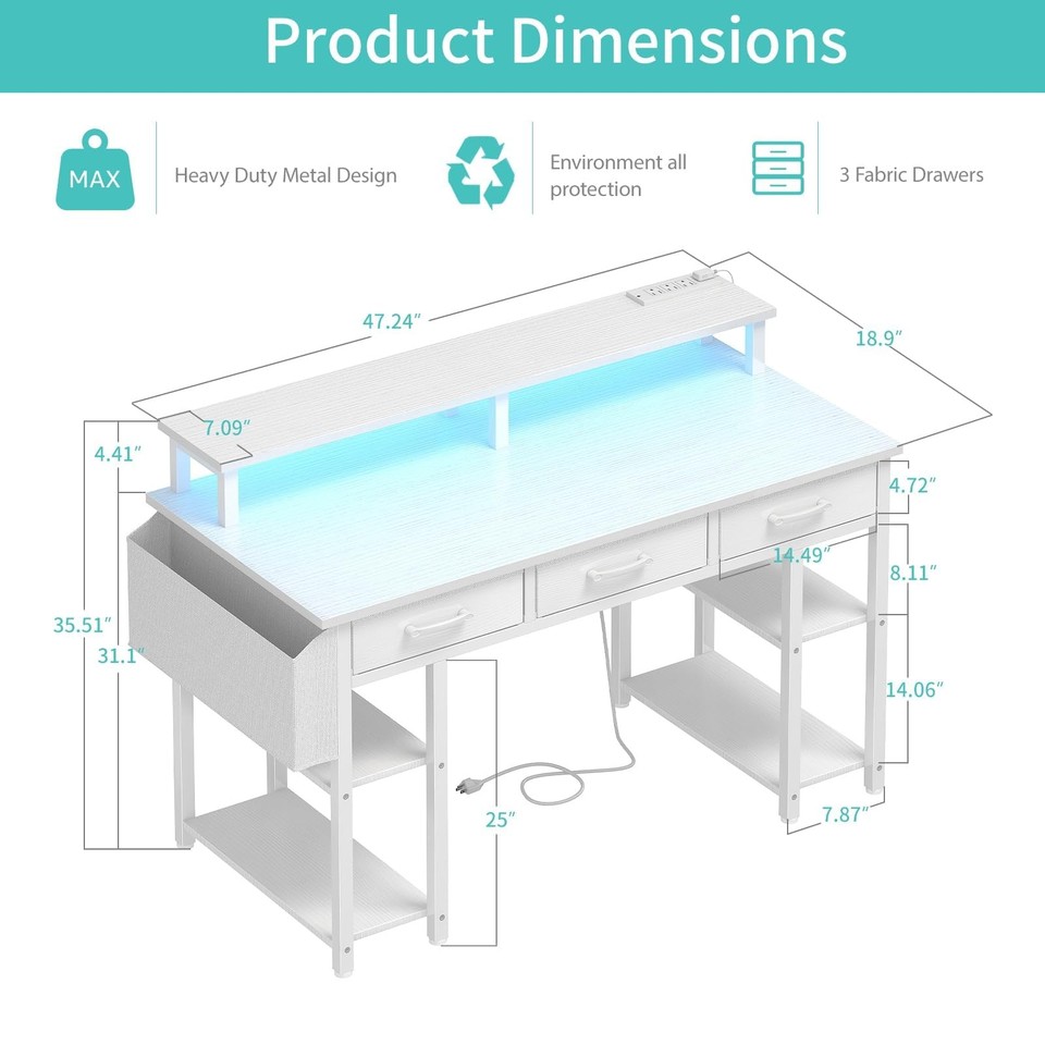 White Computer Desk With Fabric Drawers 47 Inch Home Office Desk With ...
