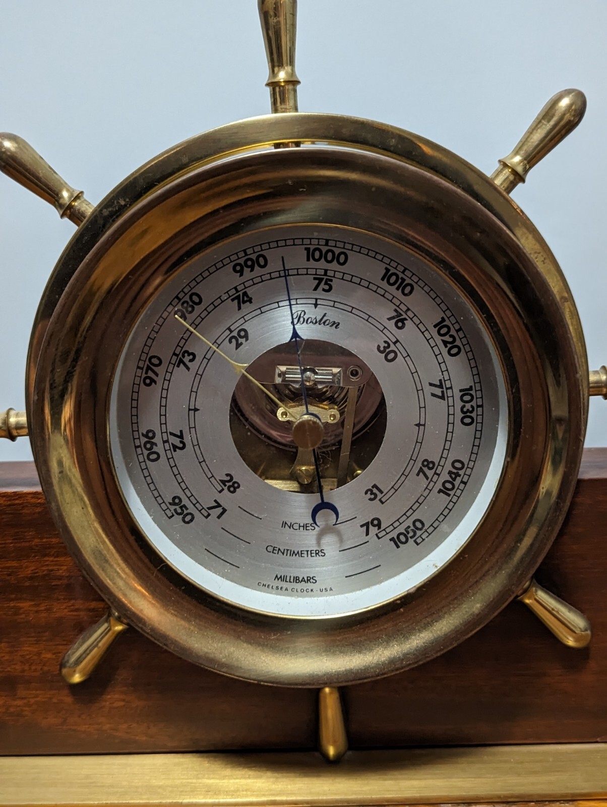 CHELSEA BOSTON BRASS SHIPS BAROMETER ON HELMSMAN BASE Seth Thomas ...