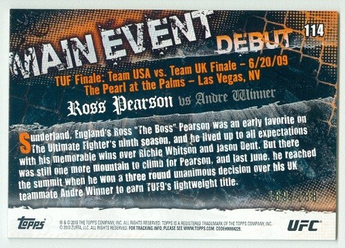 2010 Topps UFC Main Event Ross Pearson Vs Andre Winner card# 114 #d/188 ...