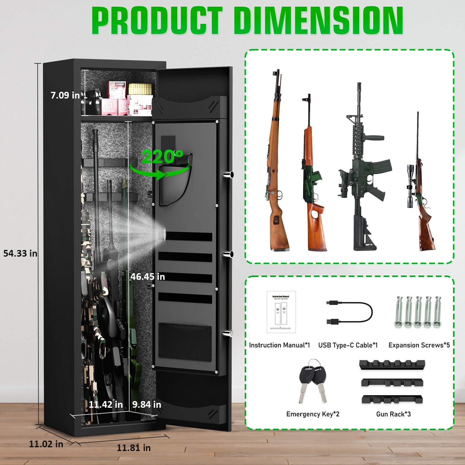 4-6 Biometric Gun Safe,54"Large Gun Safe with Backlit Keypad,LED Light ...