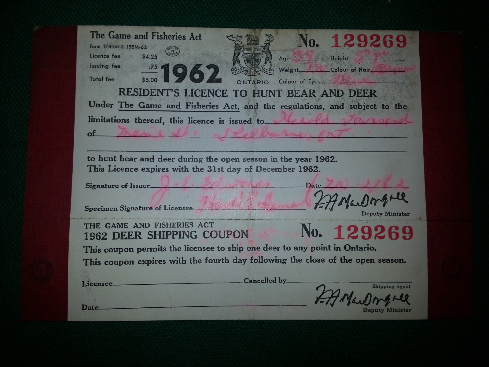 1962 Ontario Bear Hunting License + Deer Lands & Forests Game Fisheries ...