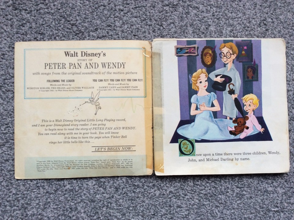 Vintage Peter Pan & Wendy Disneyland Read Along 24 Page Book & Vinyl No ...