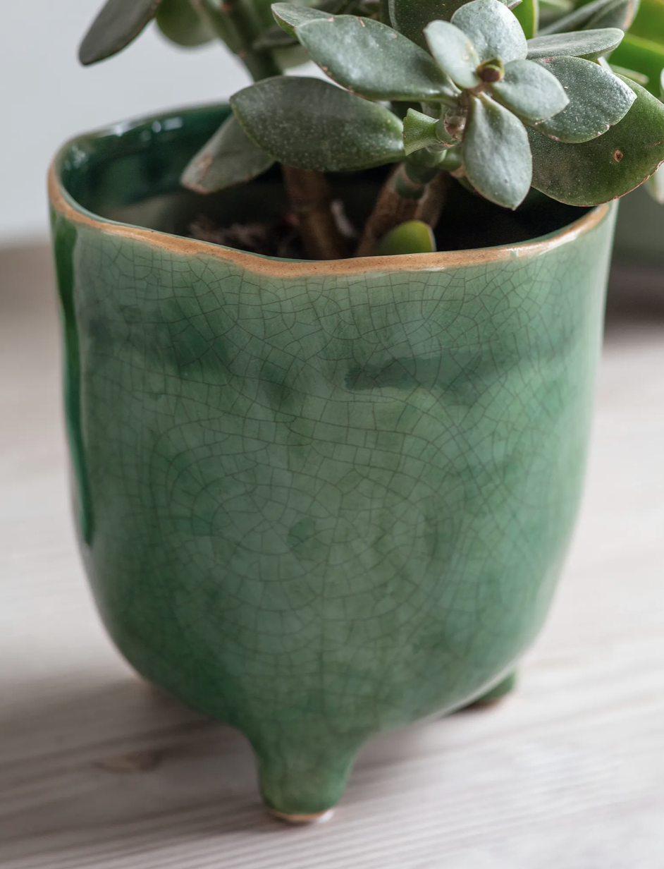 Forest Green Crackle Glaze Positano Ceramic Plant Pot Cover with Feet ...