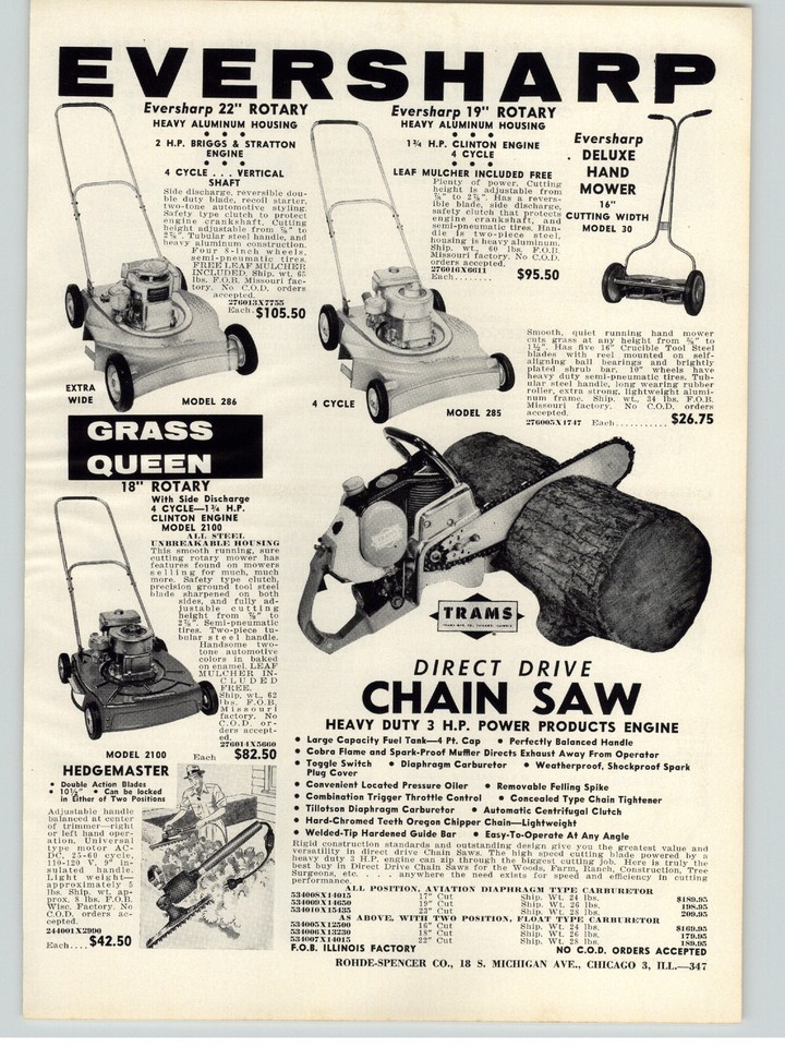 1957 PAPER AD Mow Cycle Lawn Mower 3 Wheel Trams 3 HP Chain Saw | eBay