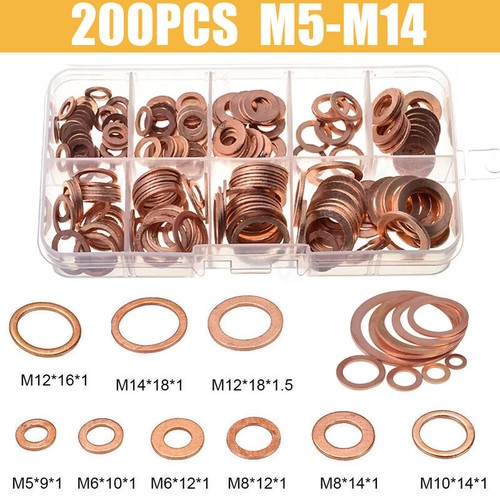 200PCS Solid Copper Crush Washer Gasket Set Flat O-Ring Seal Assortment ...