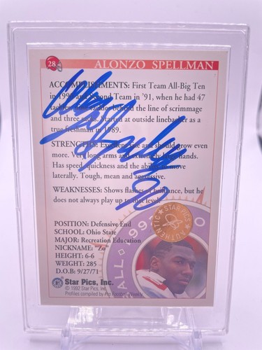 Alonzo Spellman - 1992 Star Pics RC Autographed Football card #28 ...