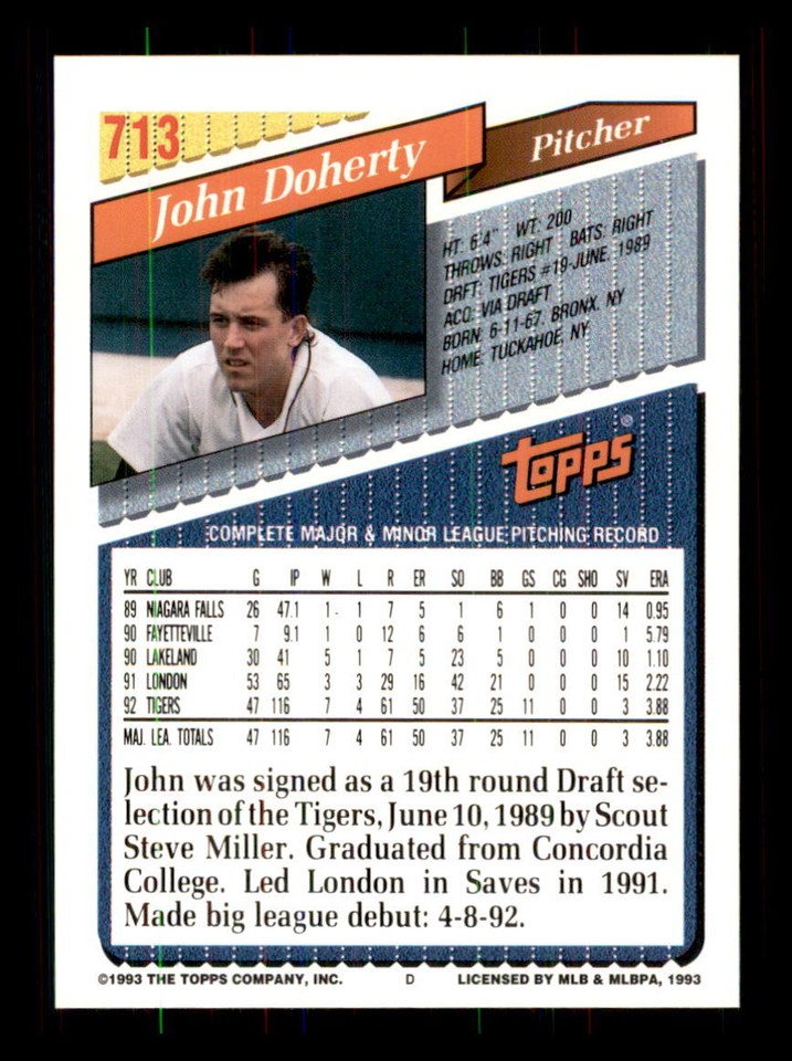 1993 Baseball Topps John Doherty Detroit Tigers #713 | eBay