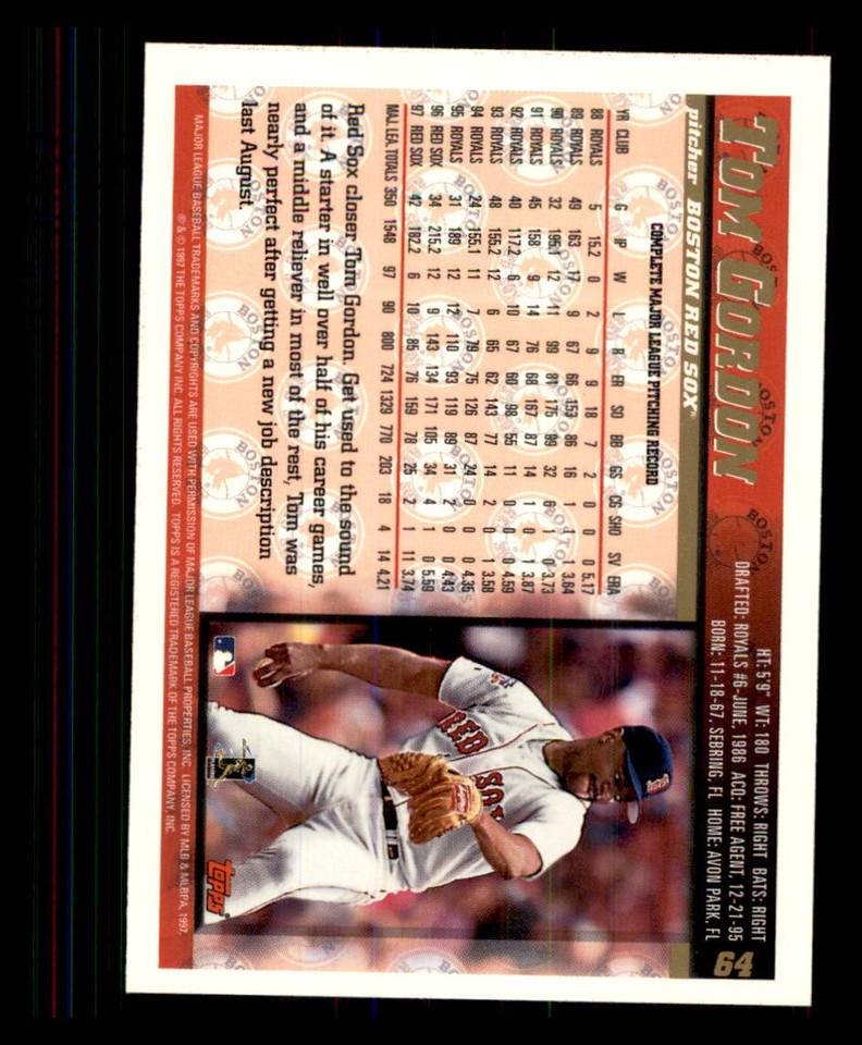 1998 Baseball Topps Tom Gordon Boston Red Sox #64 | eBay