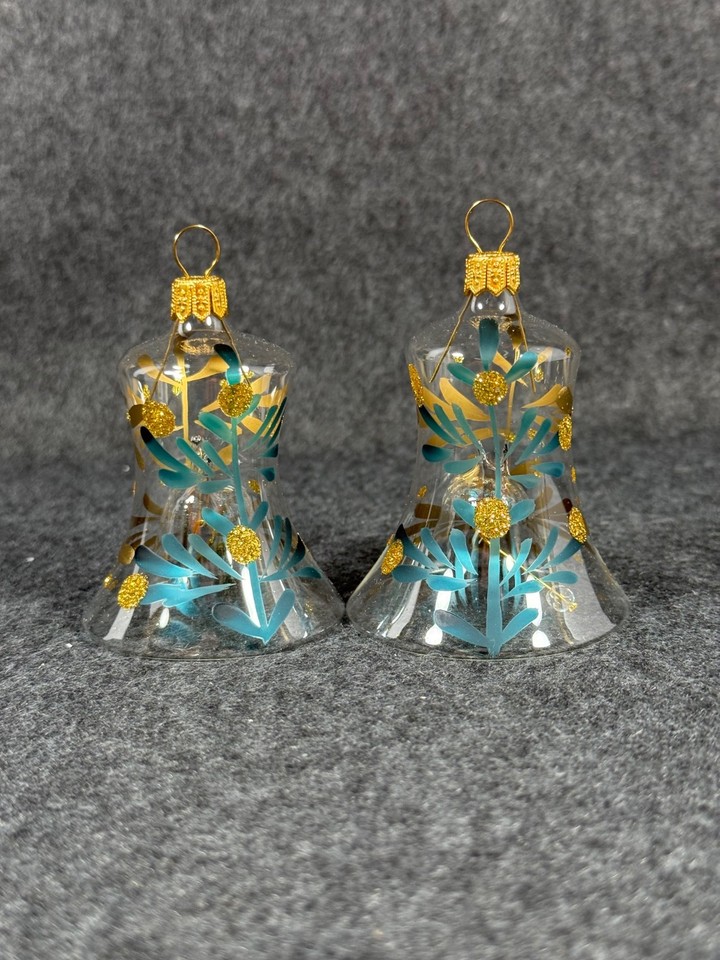 Hand Blown Glass Bell Christmas Ornaments Hand Painted Blue Gold Design ...